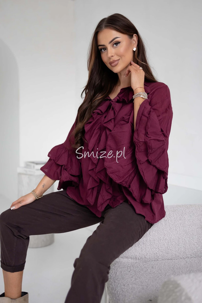 Bawełniana bluzka z falbanami i rozkloszowanymi rękawami, bordowa ...
