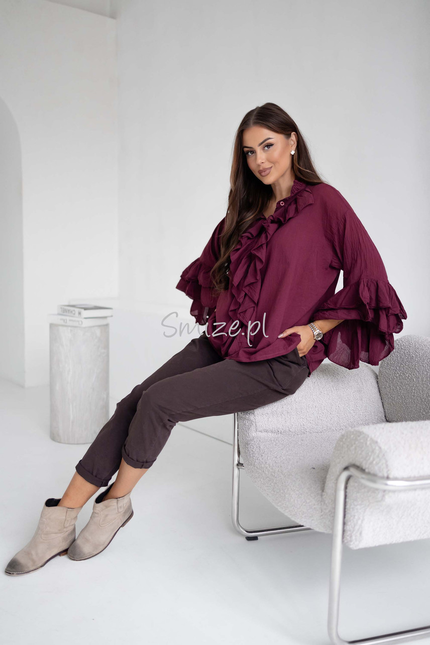 Bawełniana bluzka z falbanami i rozkloszowanymi rękawami, bordowa ...