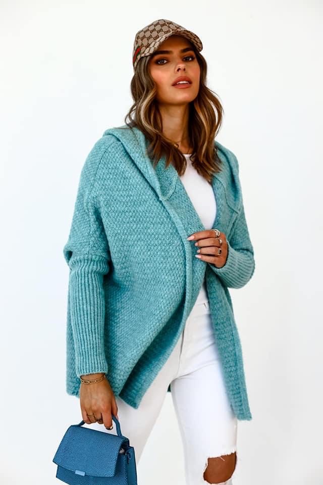Sweter Kardigan z kapturem Sonia Turkusowy Turkusowy | SWETRY ...