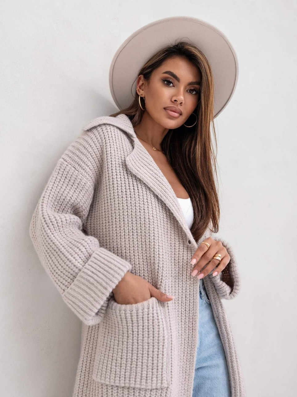 Sweter Kardigan z kołnierzem SANTOR Cocomore Pudrowy | UBRANIA \ Smize ...