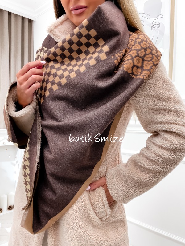 Szal Patchwork model ciepły beż brąz | AKCESORIA \ CZAPKI, SZALE ...