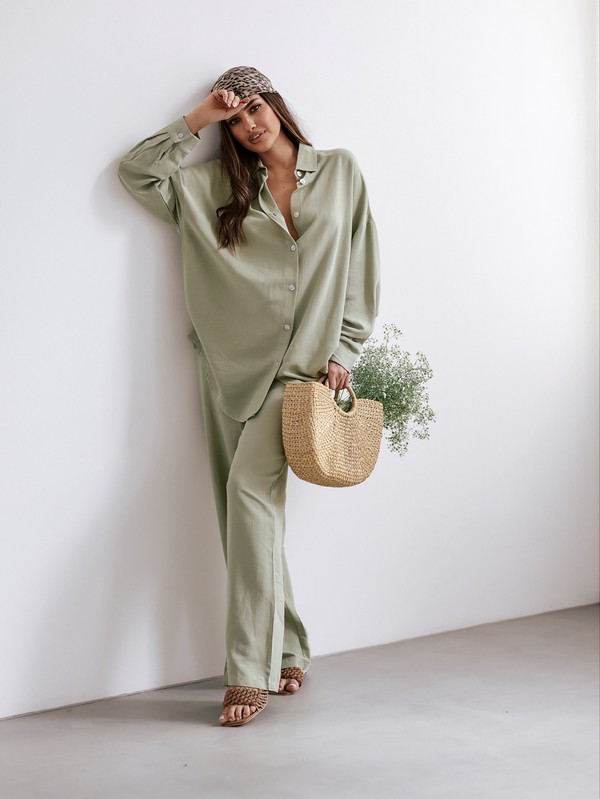 Komplet lniany koszula ze spodniami Paradise Oliwkowy | UBRANIA ...