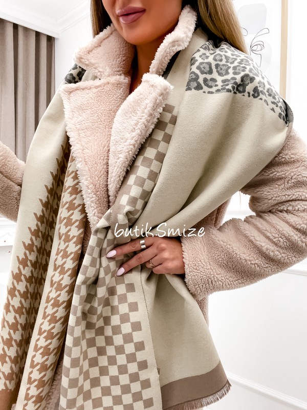 Szal Patchwork model beżowo karmelowy | AKCESORIA \ CZAPKI, SZALE ...